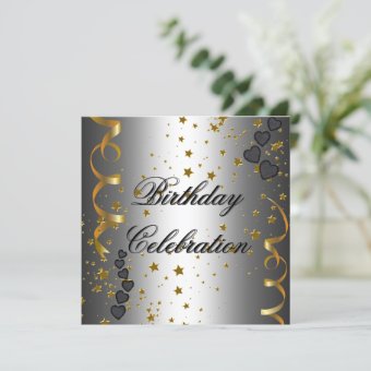 Birthday Party Celebration Silver Black Gold Stars Invitation | Zazzle