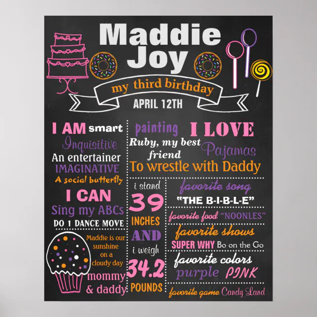 Birthday Party chalkboard sign poster Candy | Zazzle