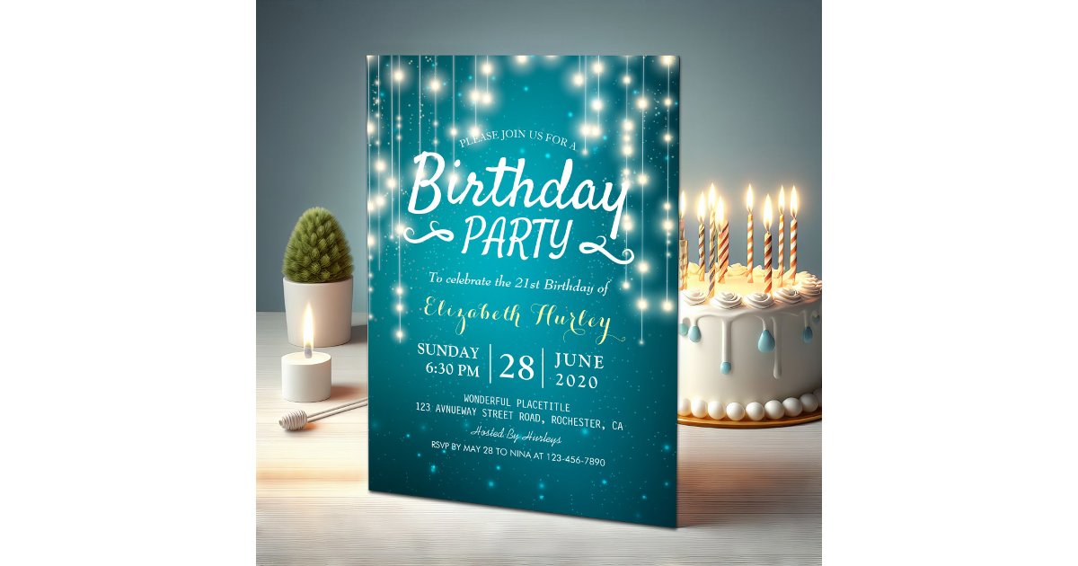Birthday Party Chic Turquoise Sparkle String Light Invitation | Zazzle