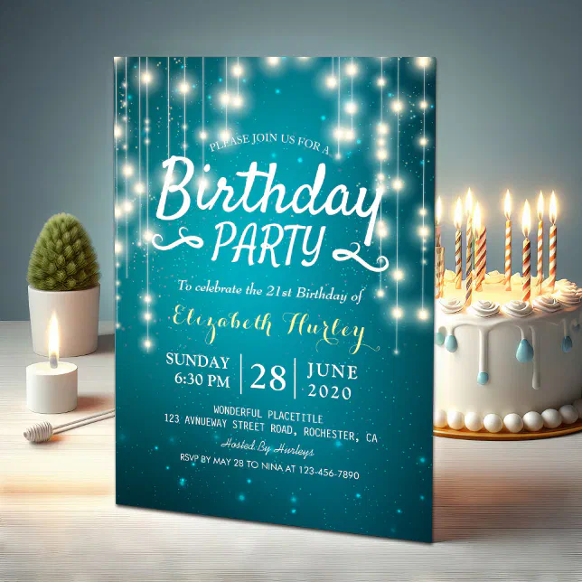Birthday Party Chic Turquoise Sparkle String Light Invitation | Zazzle