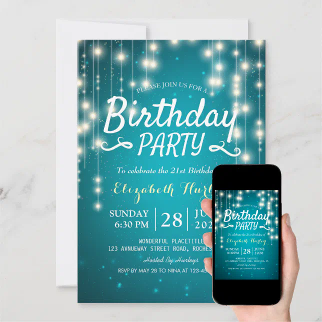 Birthday Party Chic Turquoise Sparkle String Light Invitation | Zazzle