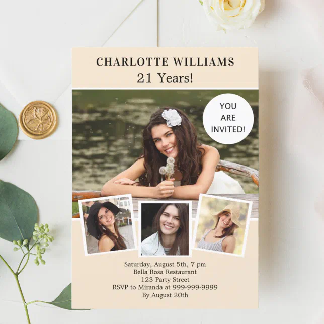 Birthday party cream ivory photo collage luxury invitation | Zazzle