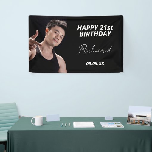Birthday party custom photo black white modern guy banner | Zazzle