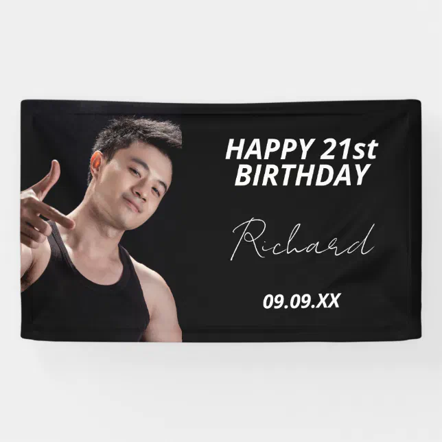 Birthday party custom photo black white modern guy banner | Zazzle