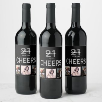 Birthday party custom photo collage black cheers wine label | Zazzle