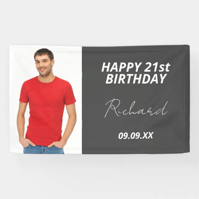 Birthday party custom photo gray modern guy banner | Zazzle