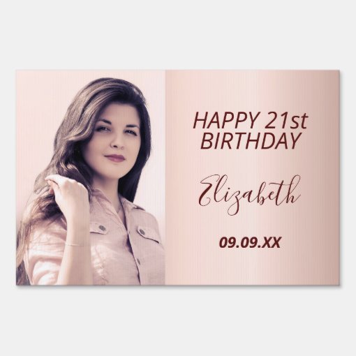Birthday party custom photo rose gold pink female sign | Zazzle