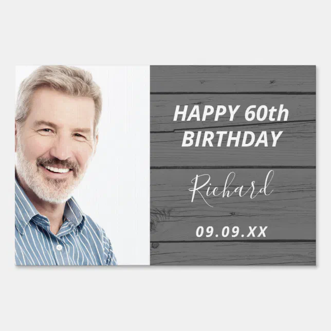 Birthday party custom photo rustic wood gray sign | Zazzle