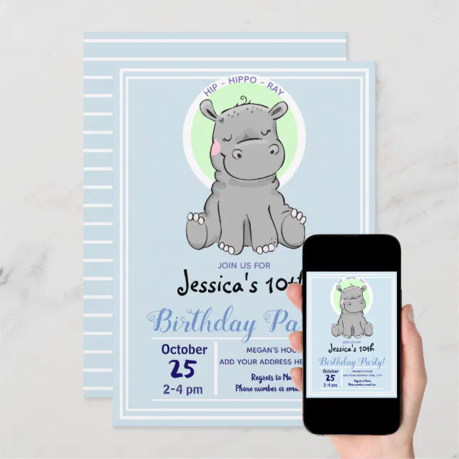 Birthday Party Cute Little Hippo Invitations | Zazzle