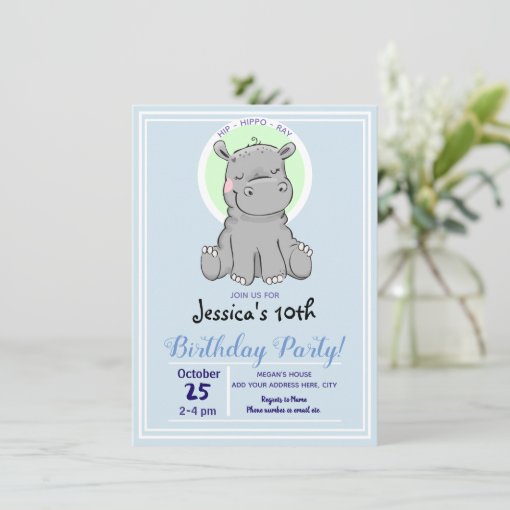 Birthday Party Cute Little Hippo Invitations | Zazzle
