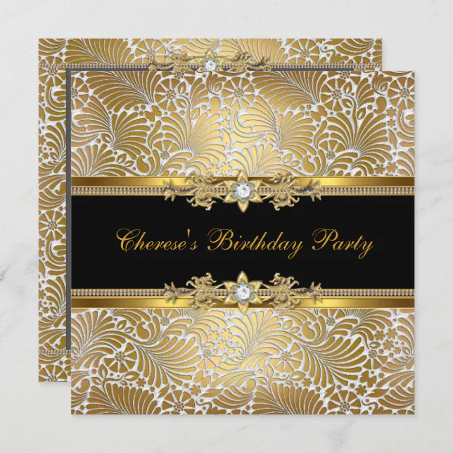 Birthday Party Damask Gold Black White Diamond Invitation | Zazzle