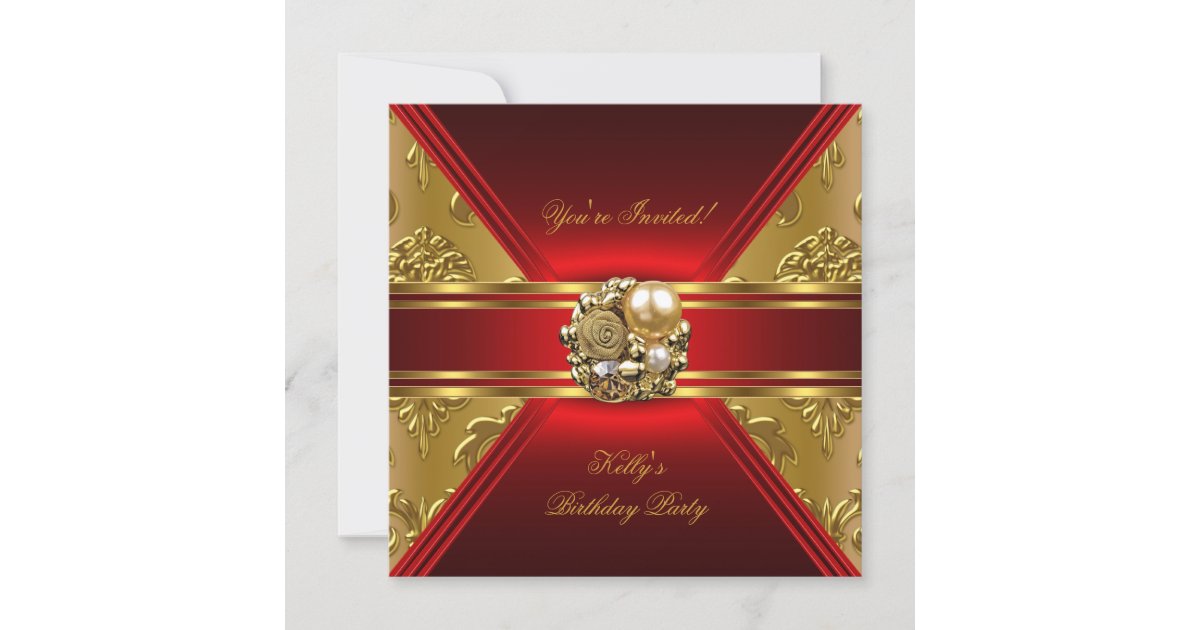 Birthday Party Damask Red Gold Invite | Zazzle