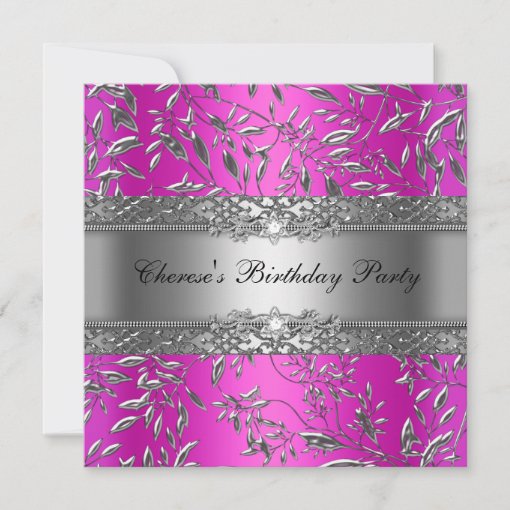 Birthday Party Diamond Hot Pink Floral Silver Invitation | Zazzle