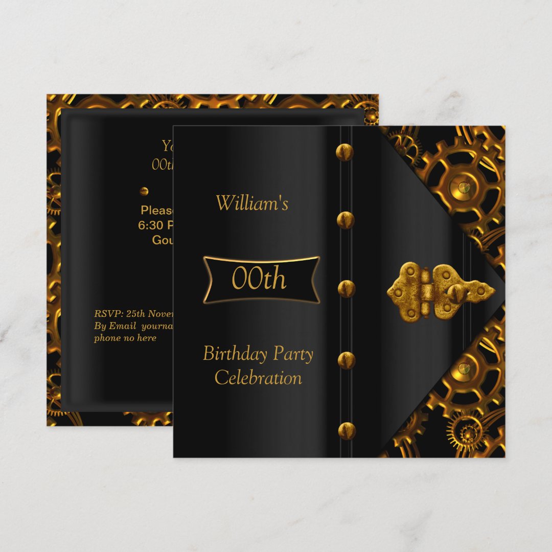 Birthday Party Elegant Gold Black Steampunk Invitation | Zazzle