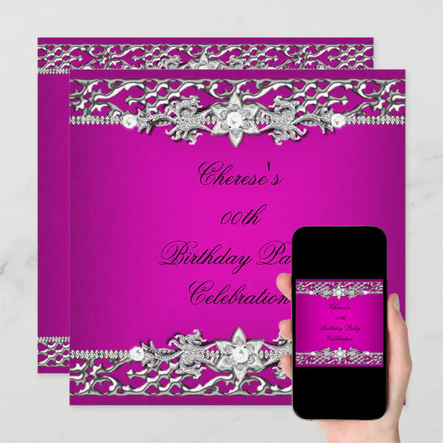Birthday Party Elegant Hot Pink Silver Diamond Invitation | Zazzle