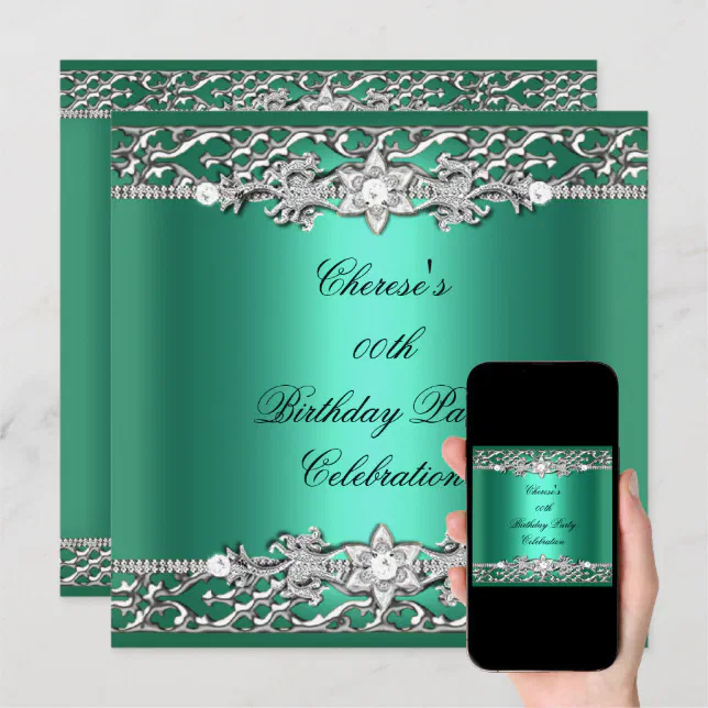 Birthday Party Elegant Jade Green Silver Diamond Invitation | Zazzle