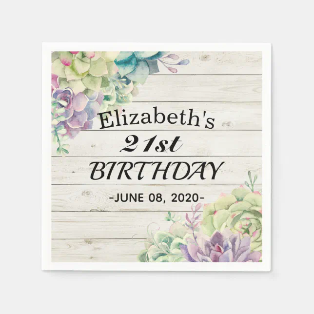 Birthday Party Elegant Succulent Plant Rustic Wood Napkins | Zazzle