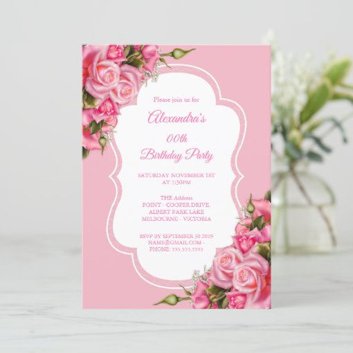 Birthday Party Floral Pink Roses Bouquet Invitation | Zazzle