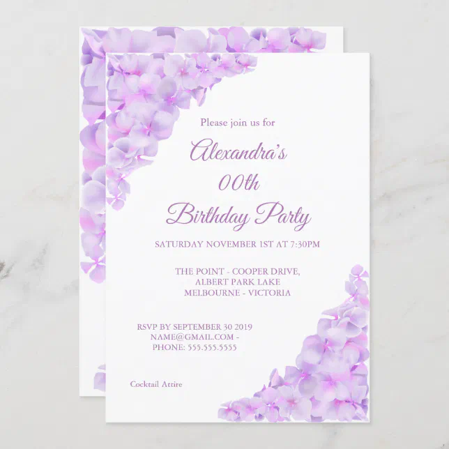 Birthday Party Floral Purple Hydrangeas on White Invitation | Zazzle