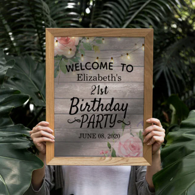 Birthday Party Flowers Wood String Lights Welcome Poster | Zazzle