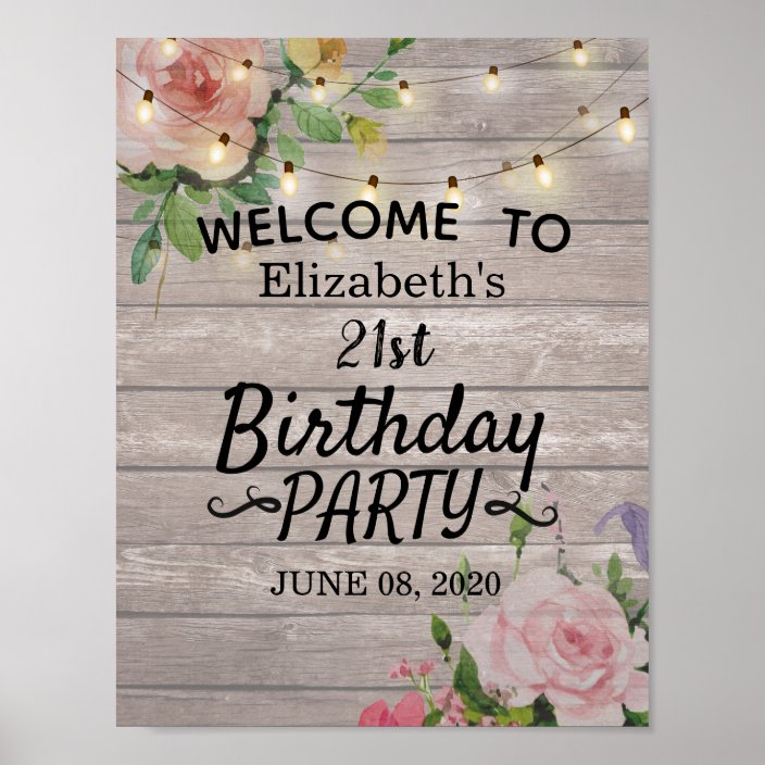Birthday Party Flowers Wood String Lights Welcome Poster | Zazzle.com
