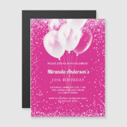 Birthday party girl hot pink white balloons luxury magnetic invitation ...