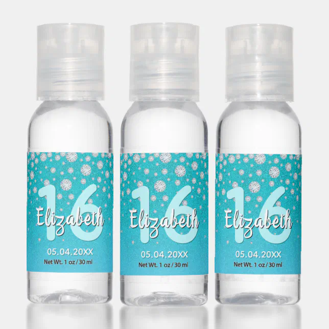 Birthday party glitter teal blue green luxurious hand sanitizer | Zazzle