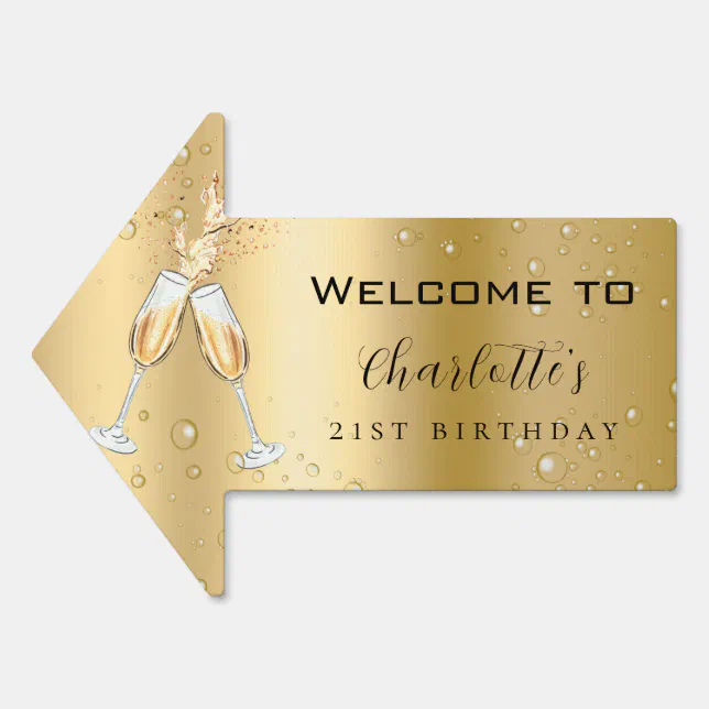 Birthday party gold bubbles cheers name arrow sign | Zazzle