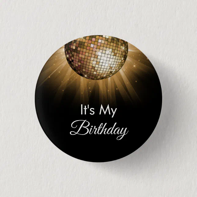 Birthday Party Gold Sparkle Disco Ball Button | Zazzle