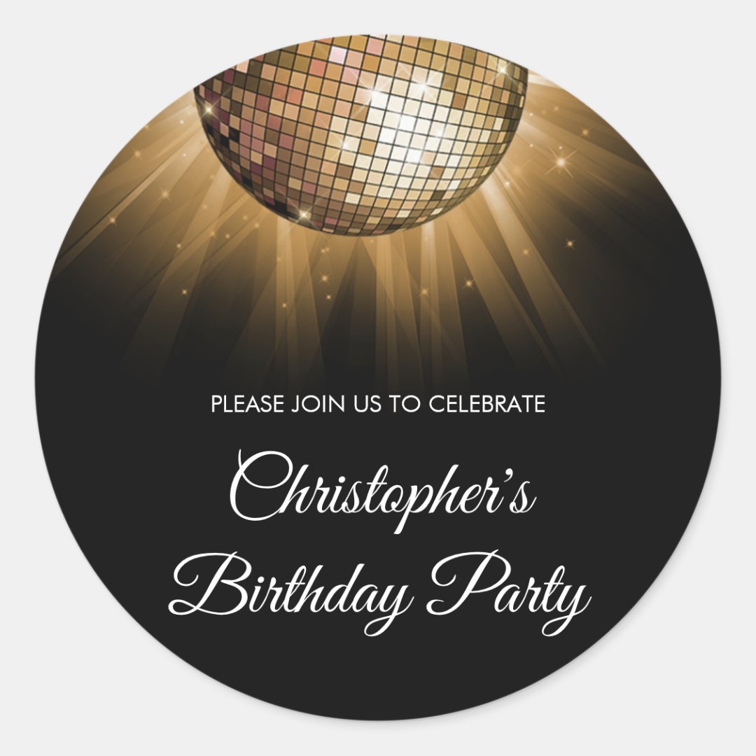 Birthday Party Gold Sparkle Disco Ball Classic Round Sticker | Zazzle