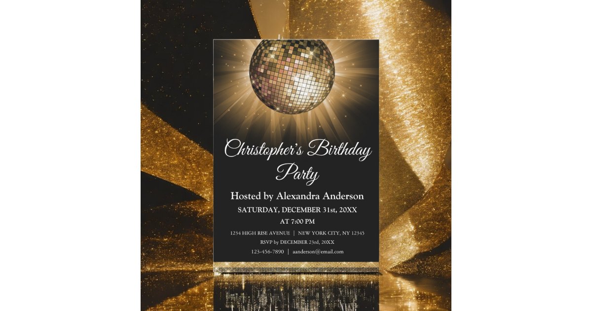Birthday Party Gold Sparkle Disco Ball Invitation | Zazzle