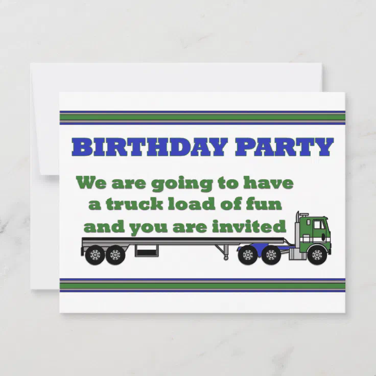 Birthday party invitation green cabover big rig | Zazzle