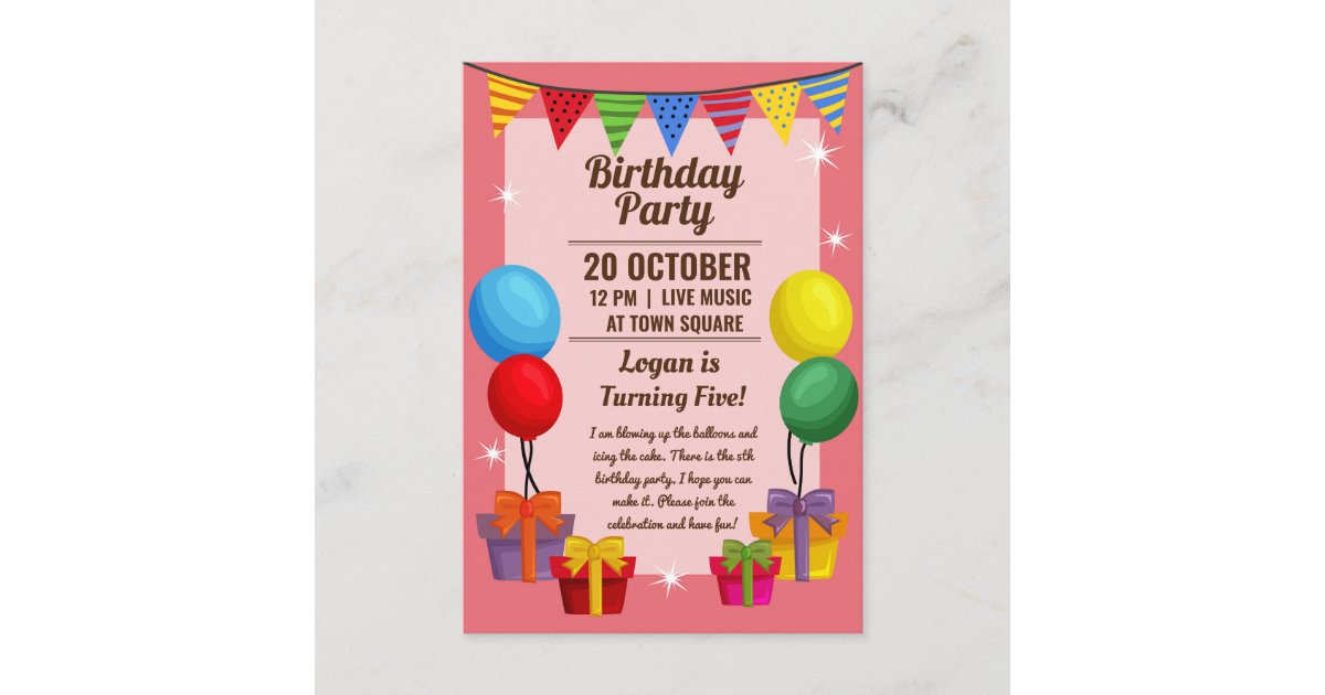 Birthday party invitation with ballons and present | Zazzle