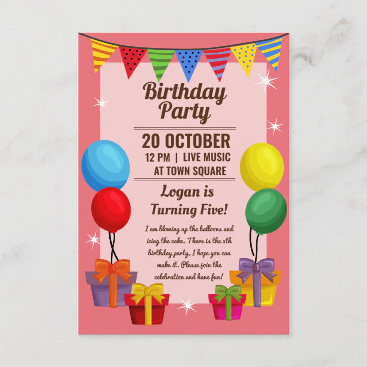 Birthday party invitation with ballons and present | Zazzle