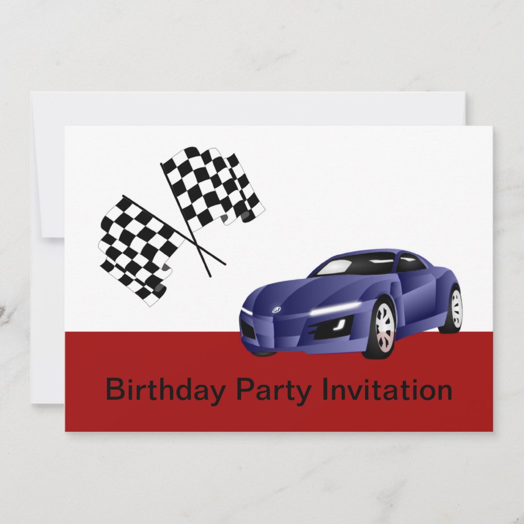 Birthday party invitation with blue racing car | Zazzle