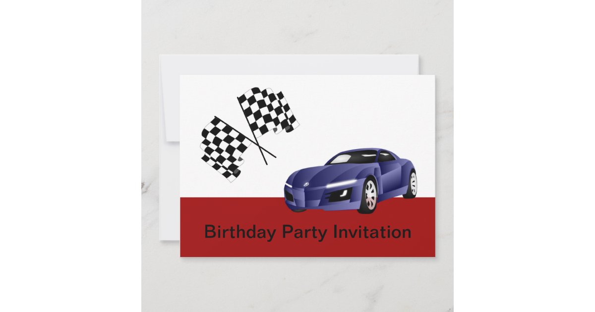 Birthday party invitation with blue racing car | Zazzle