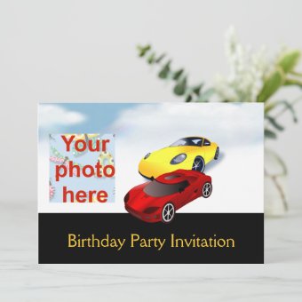 Birthday party invitation with cars add photo | Zazzle
