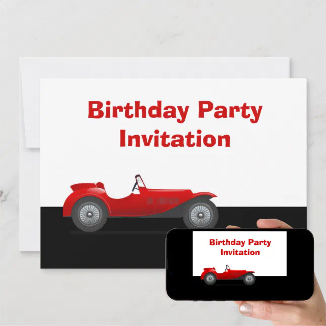 Birthday party invitation with red vintage car | Zazzle
