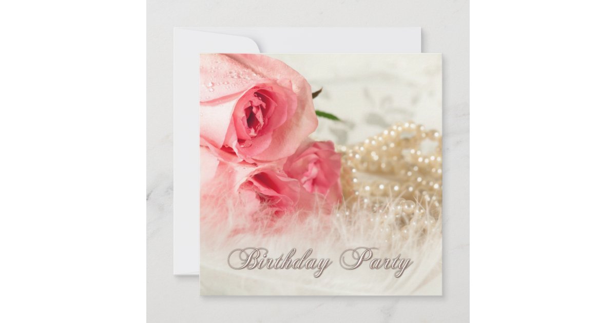 Birthday party invitation with roses and pearls | Zazzle