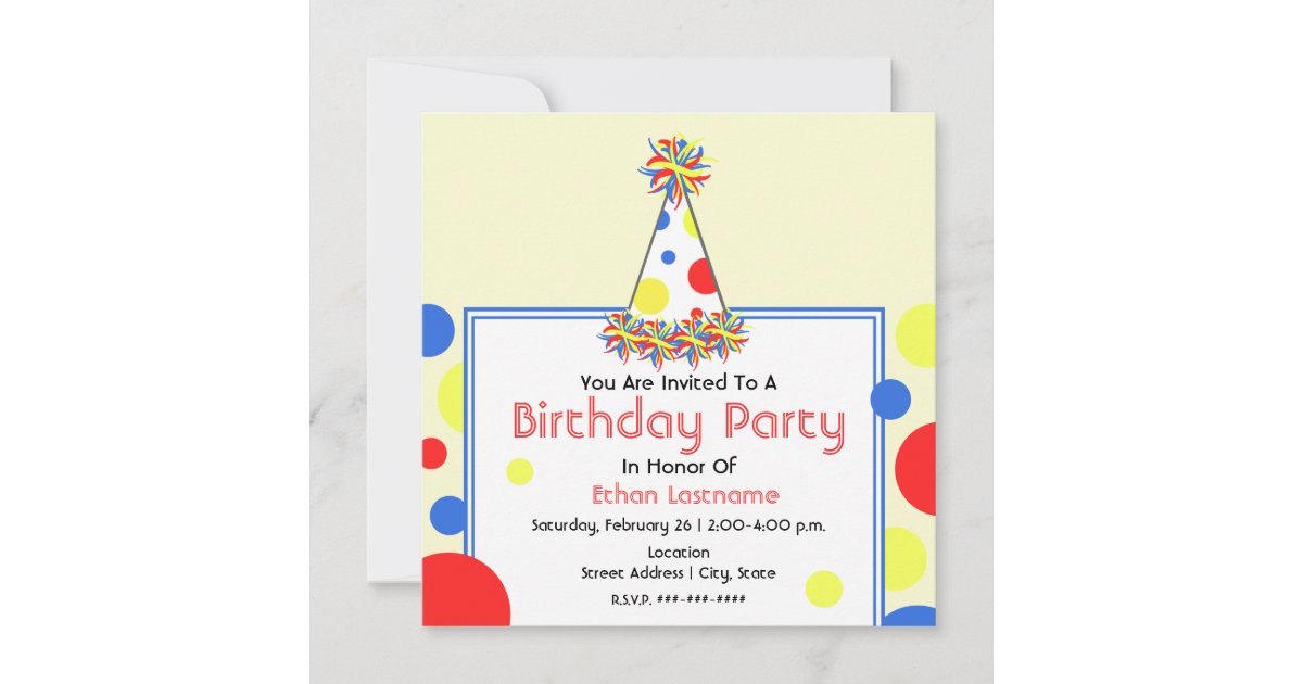 Birthday Party Invite - Polka Dot Birthday Hat | Zazzle