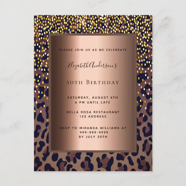 Birthday party leopard pattern bronze invitation postcard | Zazzle
