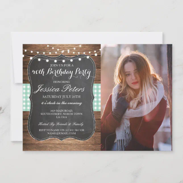 Birthday Party Mint Check Rustic Chalk Wood Photo Invitation | Zazzle