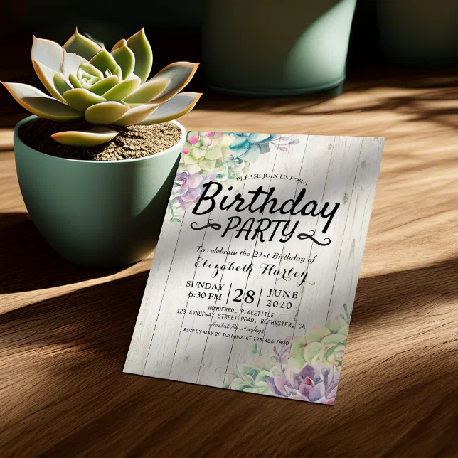 Birthday Party Modern Succulent Plants Rustic Wood Invitation | Zazzle