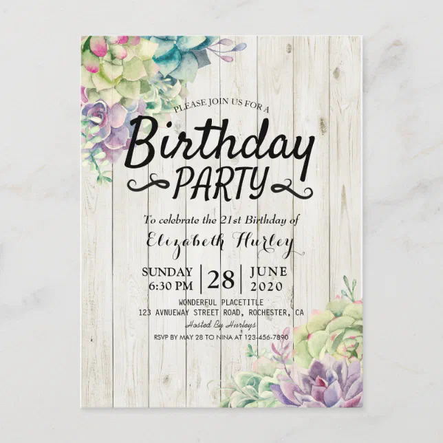 Birthday Party Modern Succulent Plants Rustic Wood Invitation Postcard ...