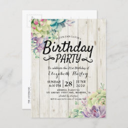 Birthday Party Modern Succulent Plants Rustic Wood Invitation Postcard ...