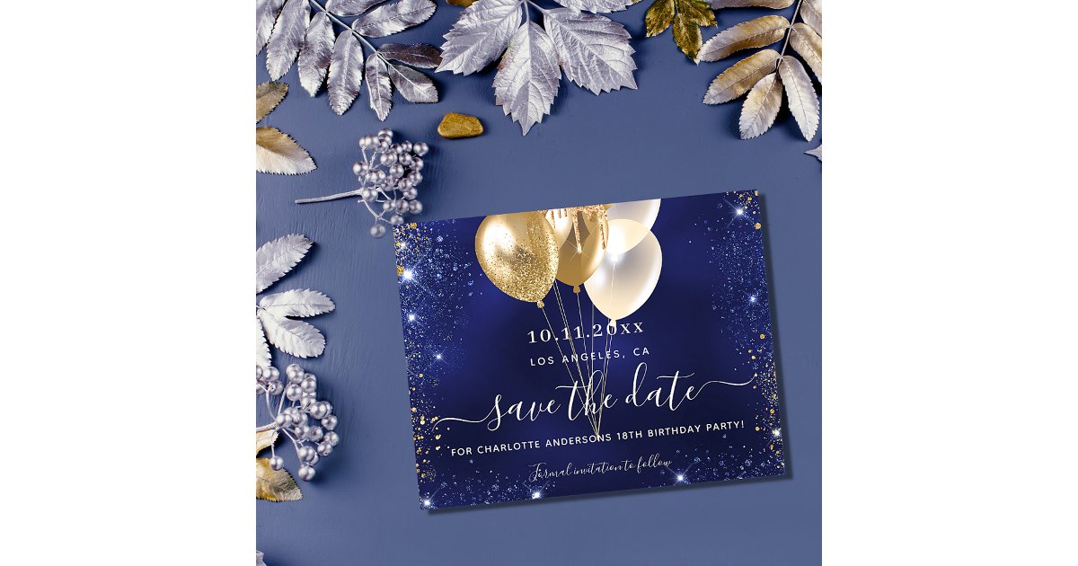 Birthday party navy blue gold save the date card | Zazzle