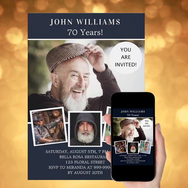 Birthday party navy blue photo collage invitation | Zazzle