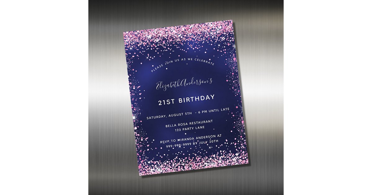 Birthday party navy blue pink invitation magnet | Zazzle