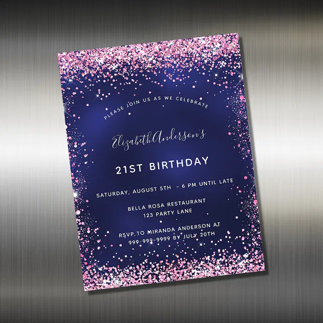 Birthday party navy blue pink invitation magnet | Zazzle
