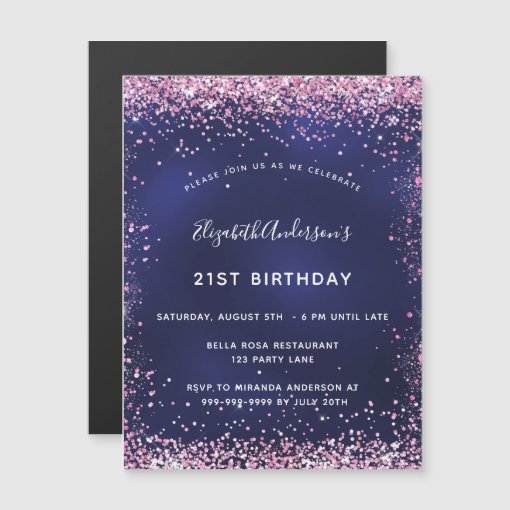 Birthday party navy blue pink invitation magnet | Zazzle